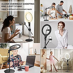 [Upgraded Base] ULANZI Overhead Phone Mount with 10" Selfie Ring Light, Tabletop Light Stand with 360° Shooting Arm, 3500k-6500K Dimmable Ring Light for Video Recording, Live Stream, Portrait & Makeup