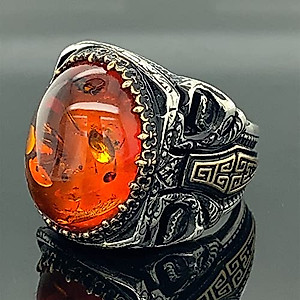 Mens Handmade Ring, Amber Stone Ring, Honey Amber Ottoman Mens Ring, Natural Stone, Men Ring, Gift for Him, 925k Sterling Silver Ring