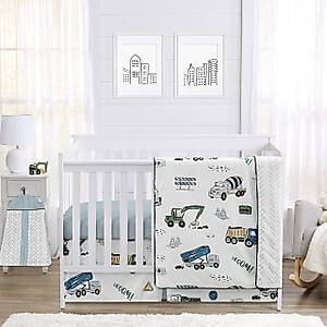 Sweet Jojo Designs Construction Truck Baby Boy Nursery Crib Bedding Set - 4 pieces - Grey Yellow Black Blue and Green Transportation Chevron Arrow
