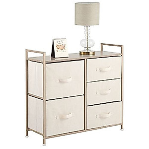 mDesign 30.03" High Steel Frame/Wood Top Storage Dresser Furniture Unit with 5 Removable Fabric Drawers - Tall Bureau Organizer for Bedroom, Living Room, Closet - Lido Collection - Cream/Beige/Gold