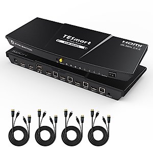 TESmart HDMI KVM Switch 4 Port 4K@60Hz, KVM Switch 1 Monitor 4 Computers EDID Emulators, USB 2.0, L/R Audio, Hotkey Switch, Button Switch with Remote Controller and All Cables