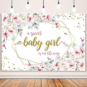 AIBIIN 7x5ft Floral Baby Shower Backdrop Baby Girl Pink Floral A Sweet Baby Girl is On The Way Baby Shower Photo Background Baby Girl Baby Shower Decorations Newborn Banner Supplies