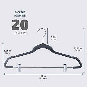 Zober Velvet Hangers with Clips - Pack of 20 Metal Clip Hangers for Pants - Notched Gray Velvet Skirt Hangers for Pants, Skirts, Suits, Dresses & Shirts w/ 360 Degree Hook - Non Slip Felt Hangers