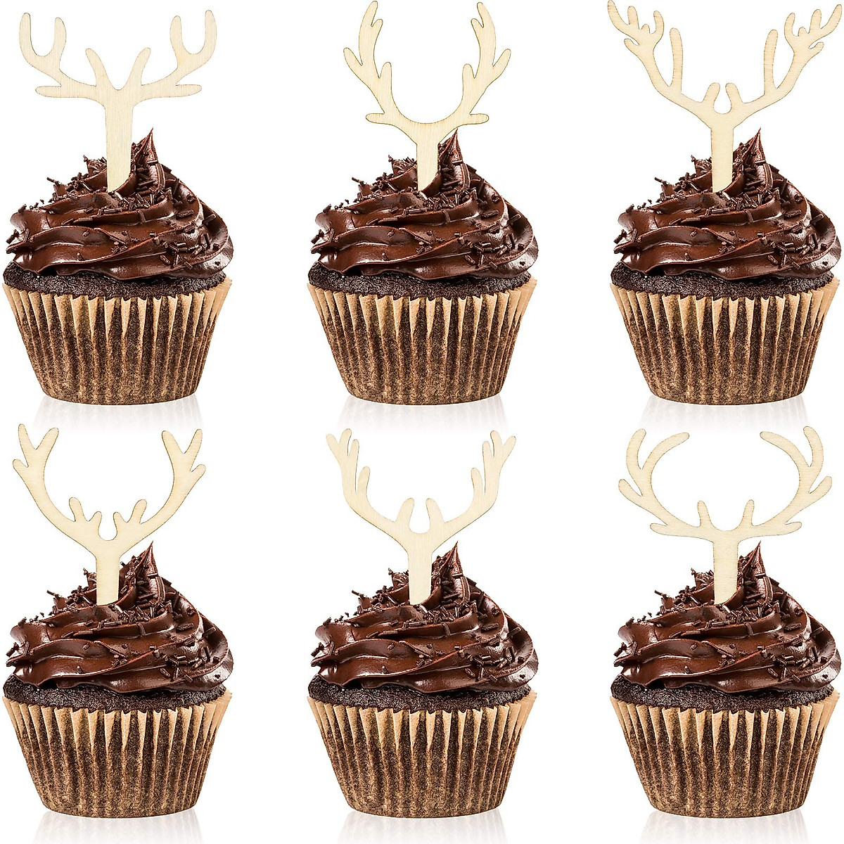 30 Pieces Antler Cupcake Toppers Wooden Reindeer Cake Topper Christmas Deer Cake Picks for Baby Shower Wedding Hunting Rustic Birthday Party Favors, 6 Styles