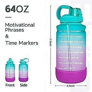 Elvira Half Gallon/64oz Motivational Time Marker Water Bottle with Straw & Protective Silicone Boot, BPA Free Anti-Slip Leakproof for Fitness, Gym and Outdoor Sports