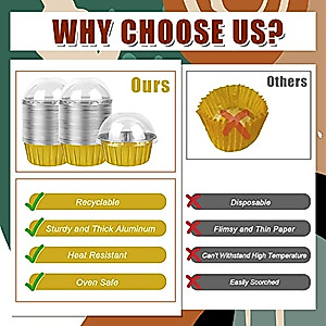 Cupcake Liners, 50PC Aluminum Foil Cupcake Tins with Lids 5oz Disposable Ramekins Mini Muffin Creme Brulee Cupcake Containers Dessert Cups for Wedding Party Gold