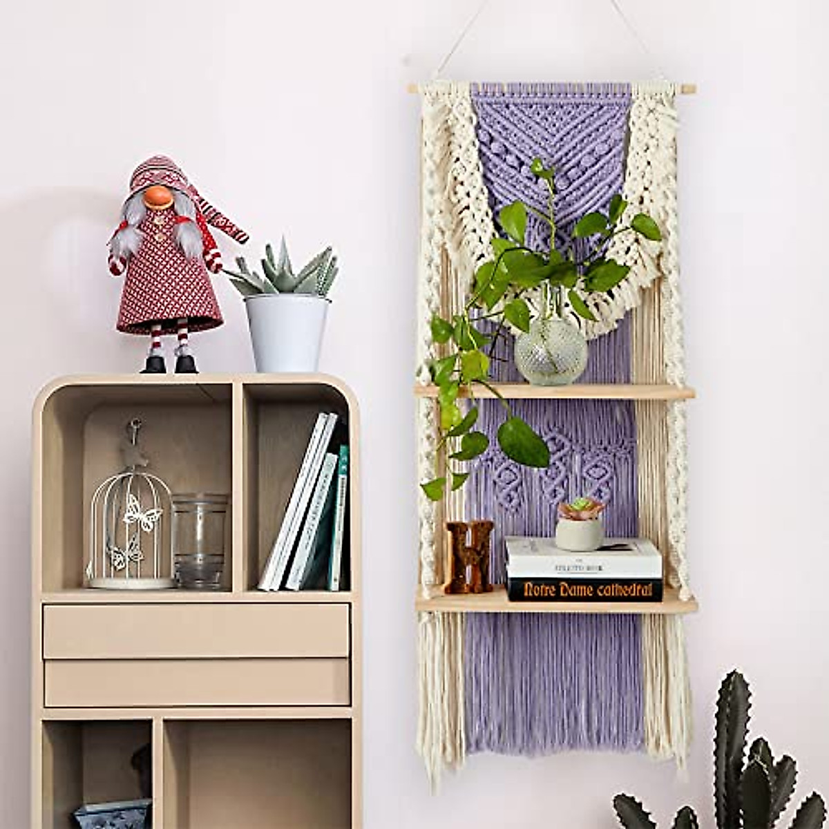 STAHMFOVER Boho Macrame Shelf for Room Decor Spring,2-Tier Wall Hanging Shelf Woven Floating Shelves,Handmade Rope Macrame Indoor Plants Hanger,Home Storage & Organizer (Purple)