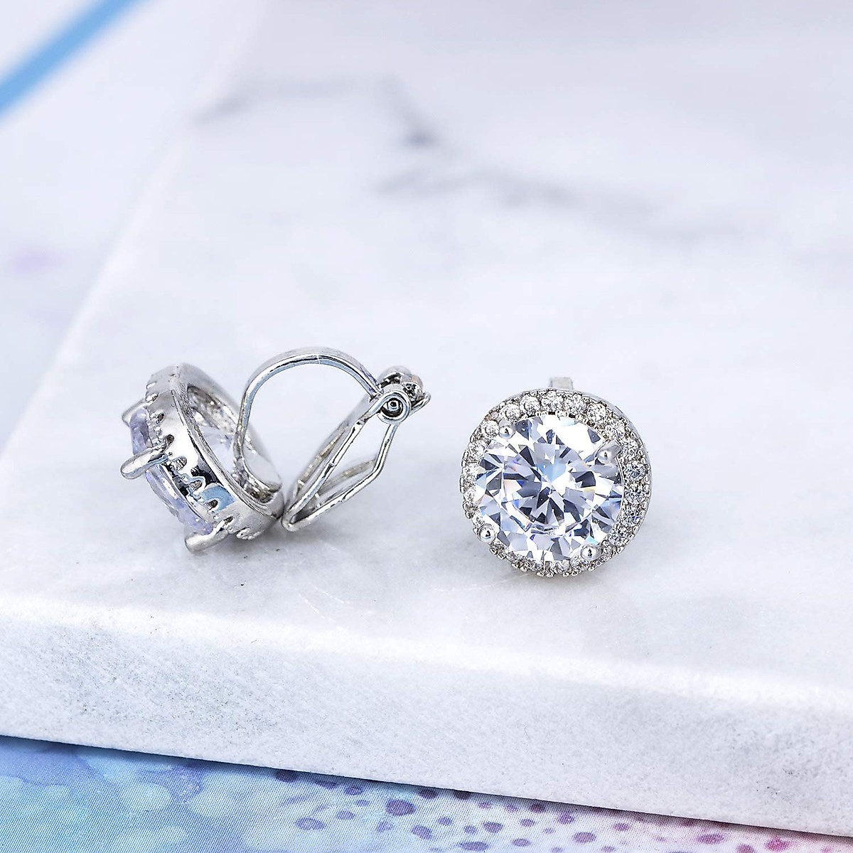 YOQUCOL Bright 10mm Cubic Zirconia Clip On Earrings Crystal Round Non Pierced Stud For Women