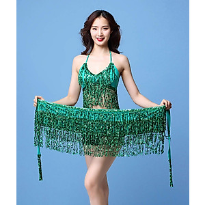 ORIDOOR Women's Latin Belly Dance Costume Padded Bra Top & Hip Scarf with Sequin Fringe Halloween Dance Outfit Green,One Size