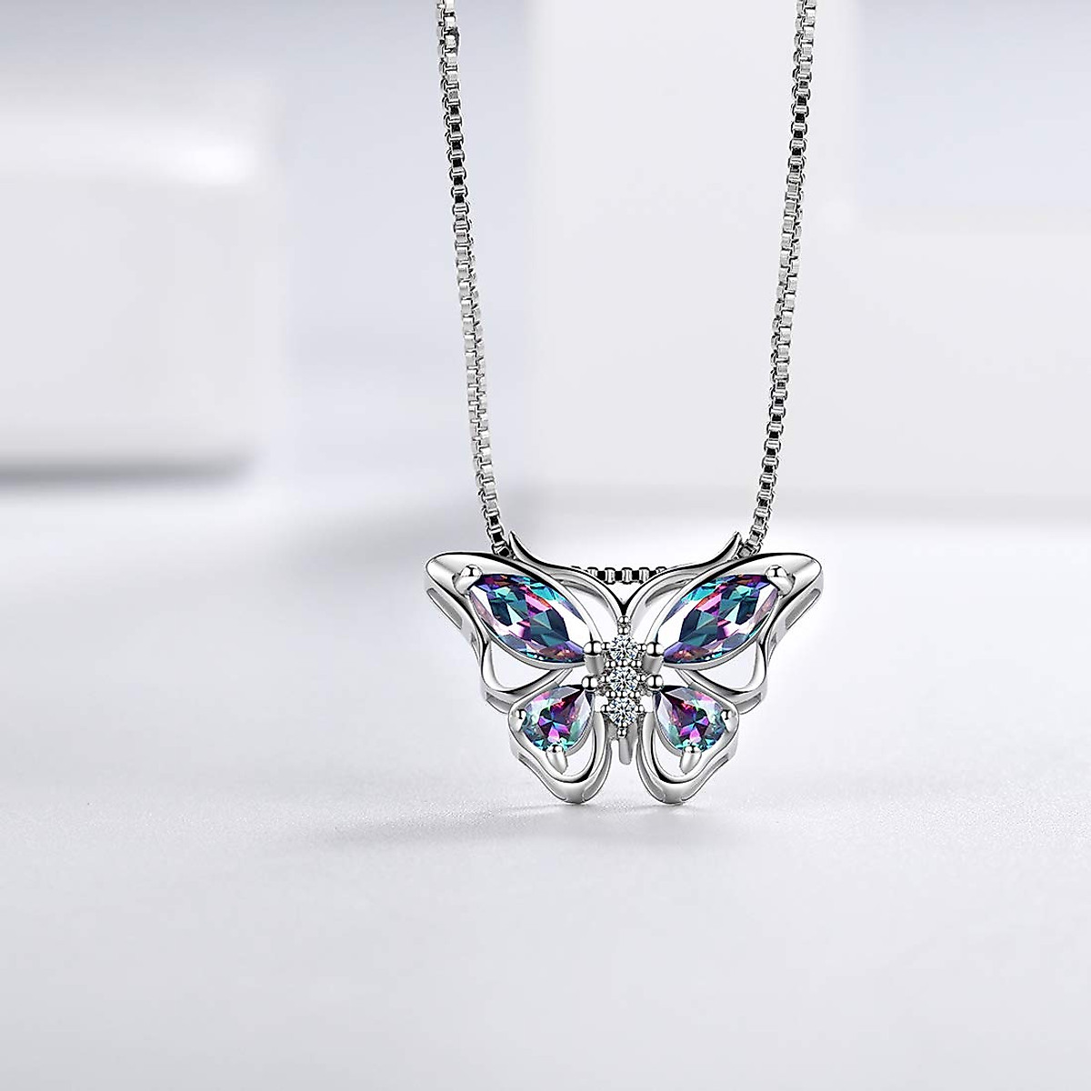 Aurora Tears 925 Sterling Silver Butterfly Necklace,Women Butterflies Birthstone Pendant Necklace for Birthday Wedding Gift
