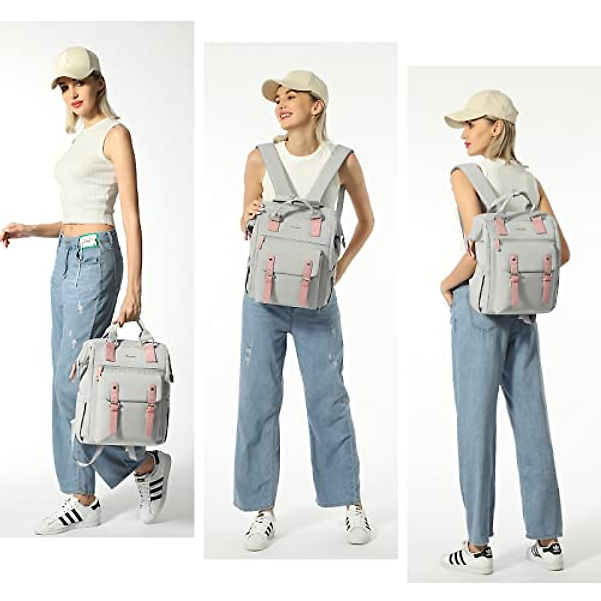 LOVEVOOK Laptop Backpack for Women Work Travel Commuter Backpack Purse, College Nursing Backpack Business Computer Bag Doctor Nurse Bags, 15.6 Inch, Light Grey-pink