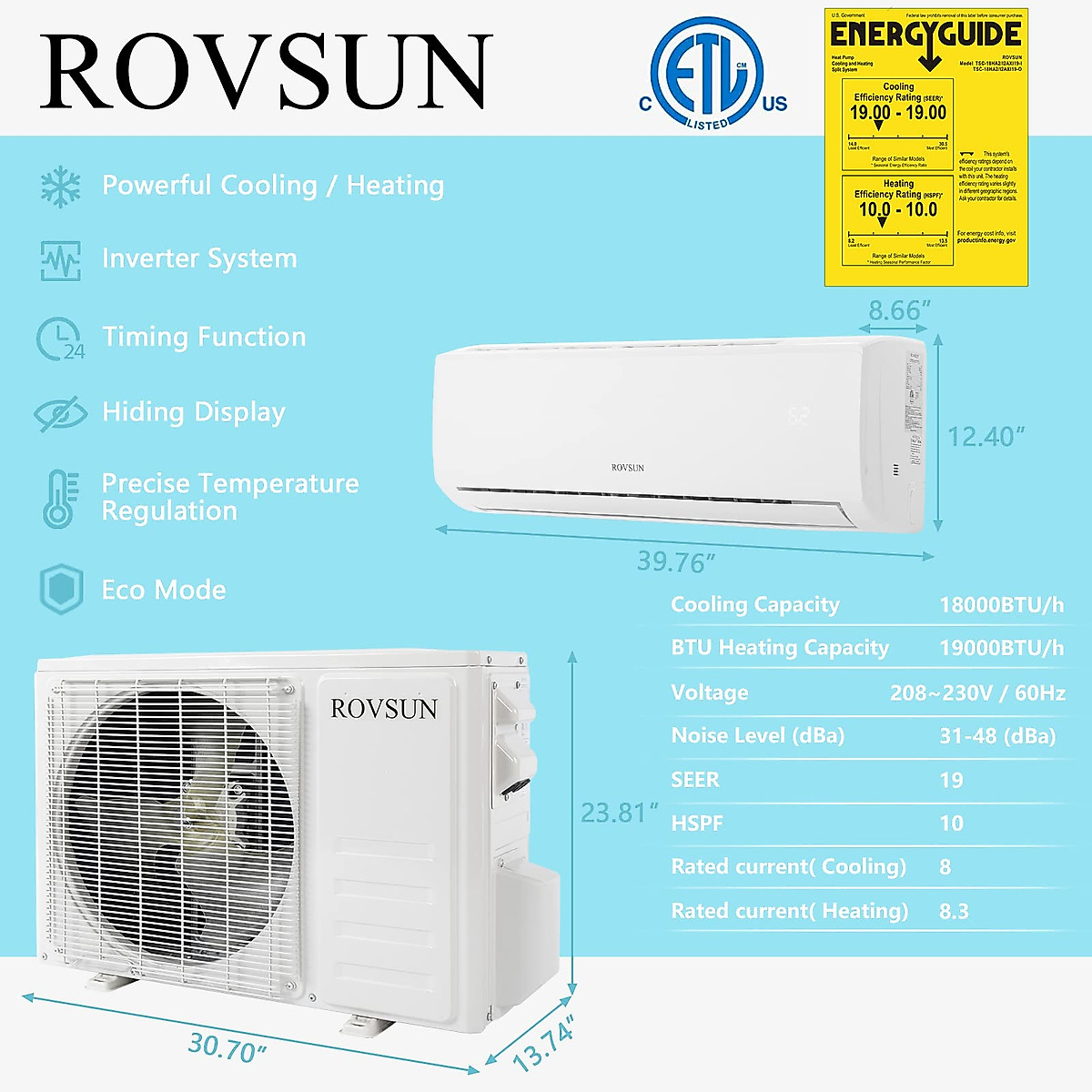 ROVSUN 18,000 BTU Ductless Mini Split AC/Heating System, 230V / 19 SEER Split-System Wall Air Conditioner Pre-Charged Inverter Heat Pump with 16ft Installation Kit (1 set)