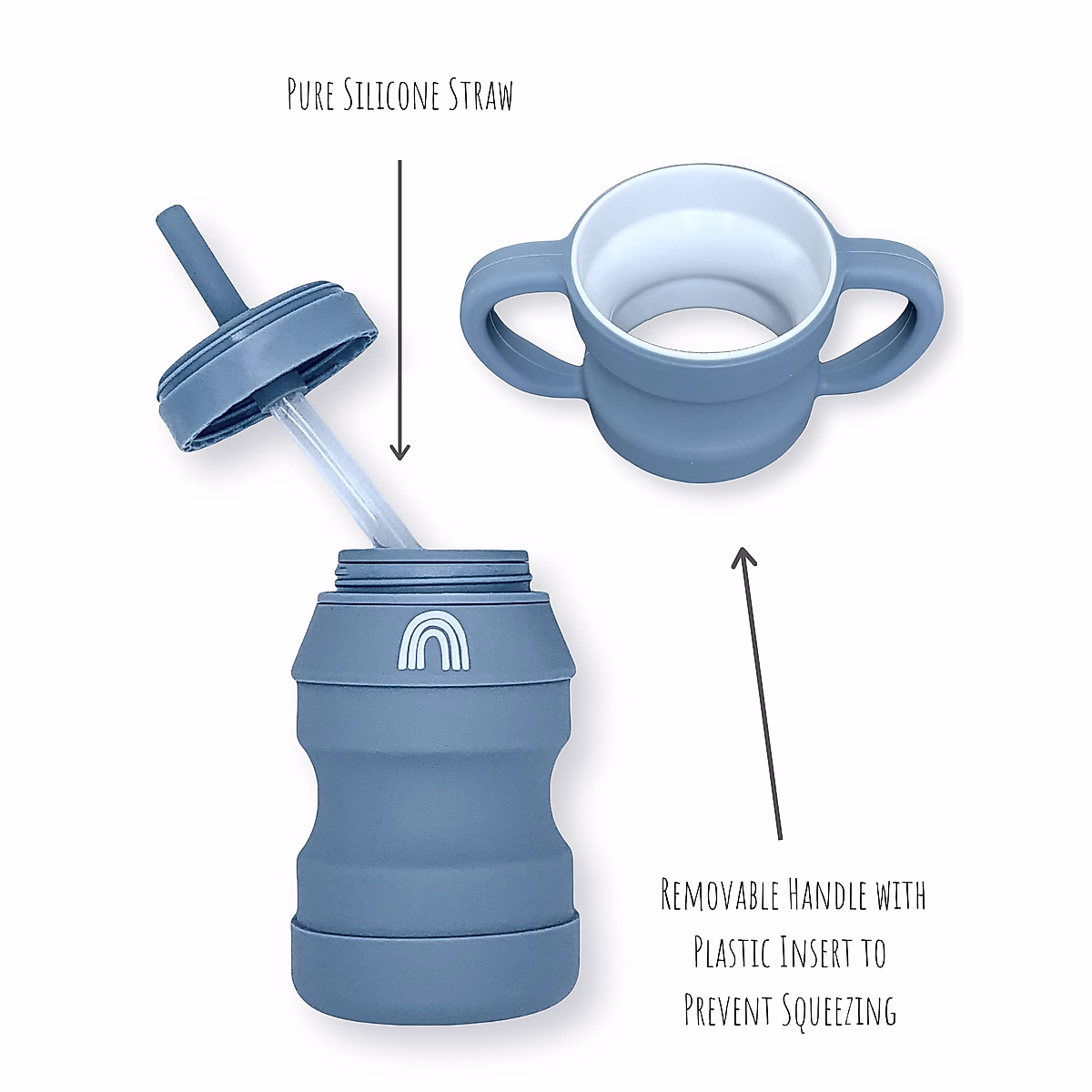 Hippypotamus Silicone Transition Cups - Squeeze-Proof Toddler Cups With Straw & Lid - Removable Handles - Set of 2 (Sage/Fog)