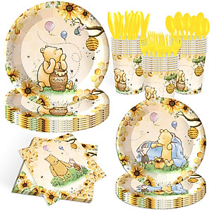 140pcs Disposable Winnie Baby Shower Party Supplies Classic Bear Party Decorations for Kids Boys Birthday Neutral Themed Plates Napkin Cups Disposable Tableware Set Serves 20 Guests