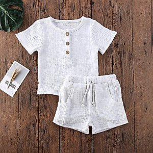 GOOCHEER Toddler Baby Boy Girl Clothes Solid Linen Short Sleeve T-Shirt Tops Shorts Pants Unisex 2Pcs Summer Outfits Set (A-White, 2-3T)