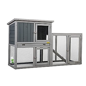 COZIWOW Indoor/Outdoor Rabbit Hutch, 2 Story Wooden Pet Bunny House Wooden Cage with Water Bottle,Ventilation Gridding Fence, Cleaning Tray, for Small Animals, Grey