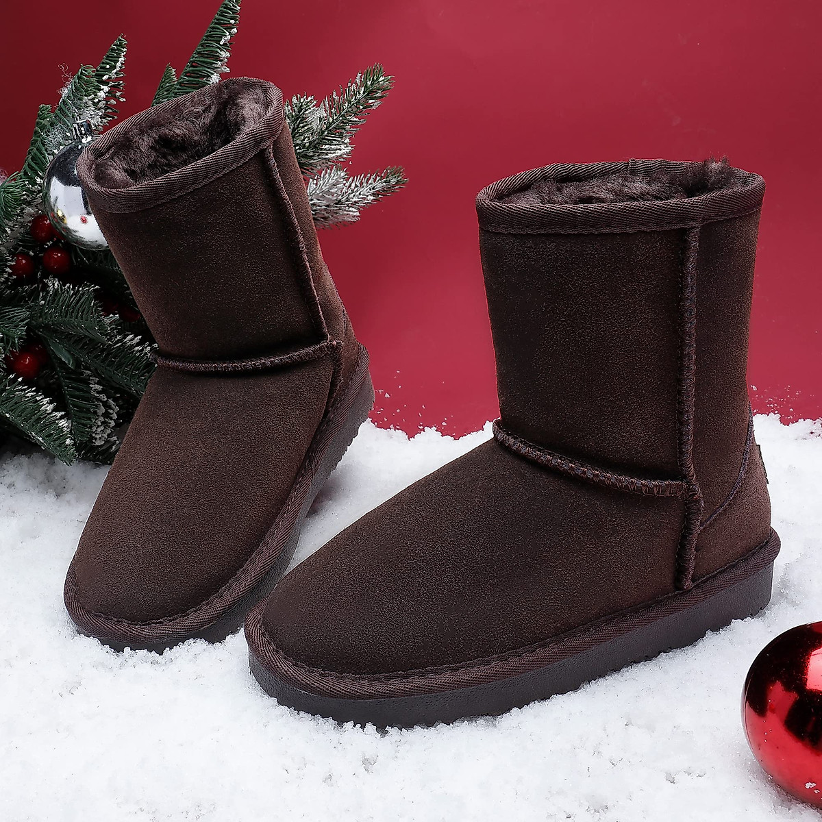 DREAM PAIRS Girls Boys Boots Kids Faux Fur Lined Winter Mid Calf Snow Boots Shorty-K Brown Size 2 Little Kid