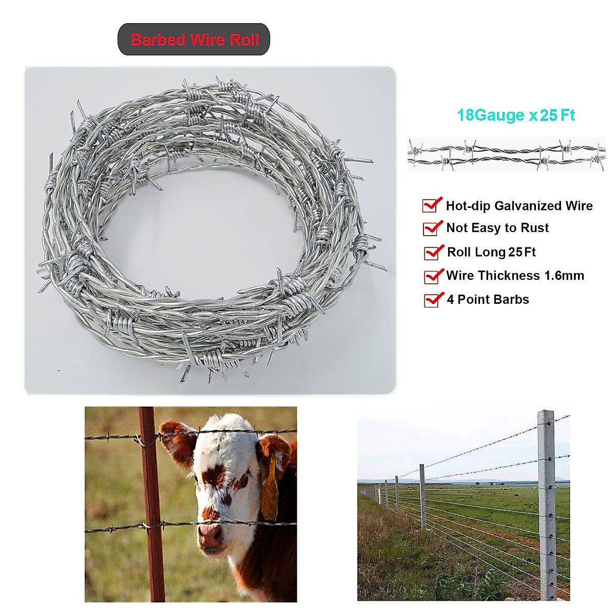 YAGJIA Barbed Wire 25 Ft, 4 Point Barbed Wire Fence, Hot-Dip Galvanized Barb Wire Roll, 18 Gauge Strong and Flexible Wire for Crafts Baseball Ball and Yard Garden