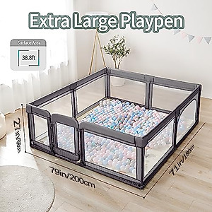 Sweeby Baby Playpen, 79x71 Playpens for Babies and Toddlers with Gate, Large Baby Play Yards with Zipper Door, Indoor & Outdoor Baby Fence, Dark Grey