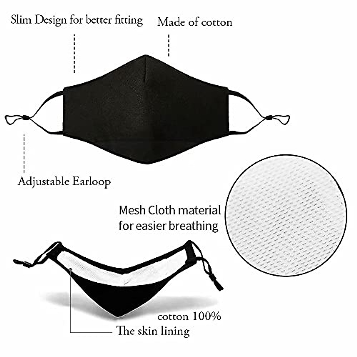 NBDIB 3 Pcs Adult Unisex Reusable Washable Adjustable Face Protection with Filter Pocket and Nose Wire Black Breathable Cotton Dust Cloth Mask with 10Pcs Replacement Carbon Filters for Man and Women