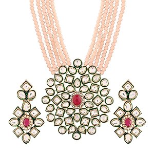 JewarHaat Indian Bollywood Gold-Plated Pearls Studded & Beaded Long Jewellery Set For Women (Kundan Inspired, Peach)