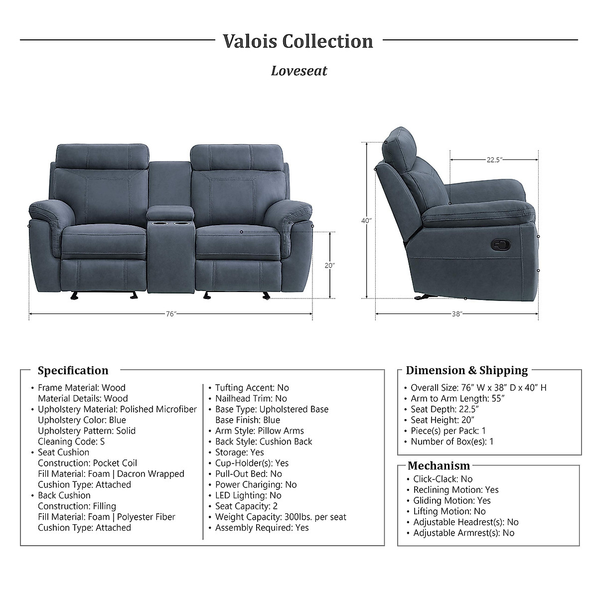 Lexicon Valois Double Glider Reclining Loveseat, Blue