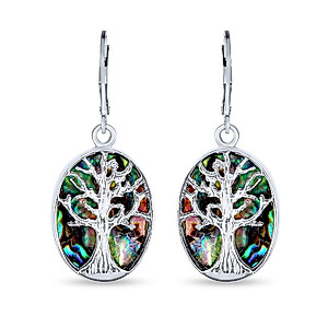 Large Oval Abalone Shell Lever Back Family Tree Of Life Dangle Earrings Western Jewelry For Women .925 Sterling Silver
