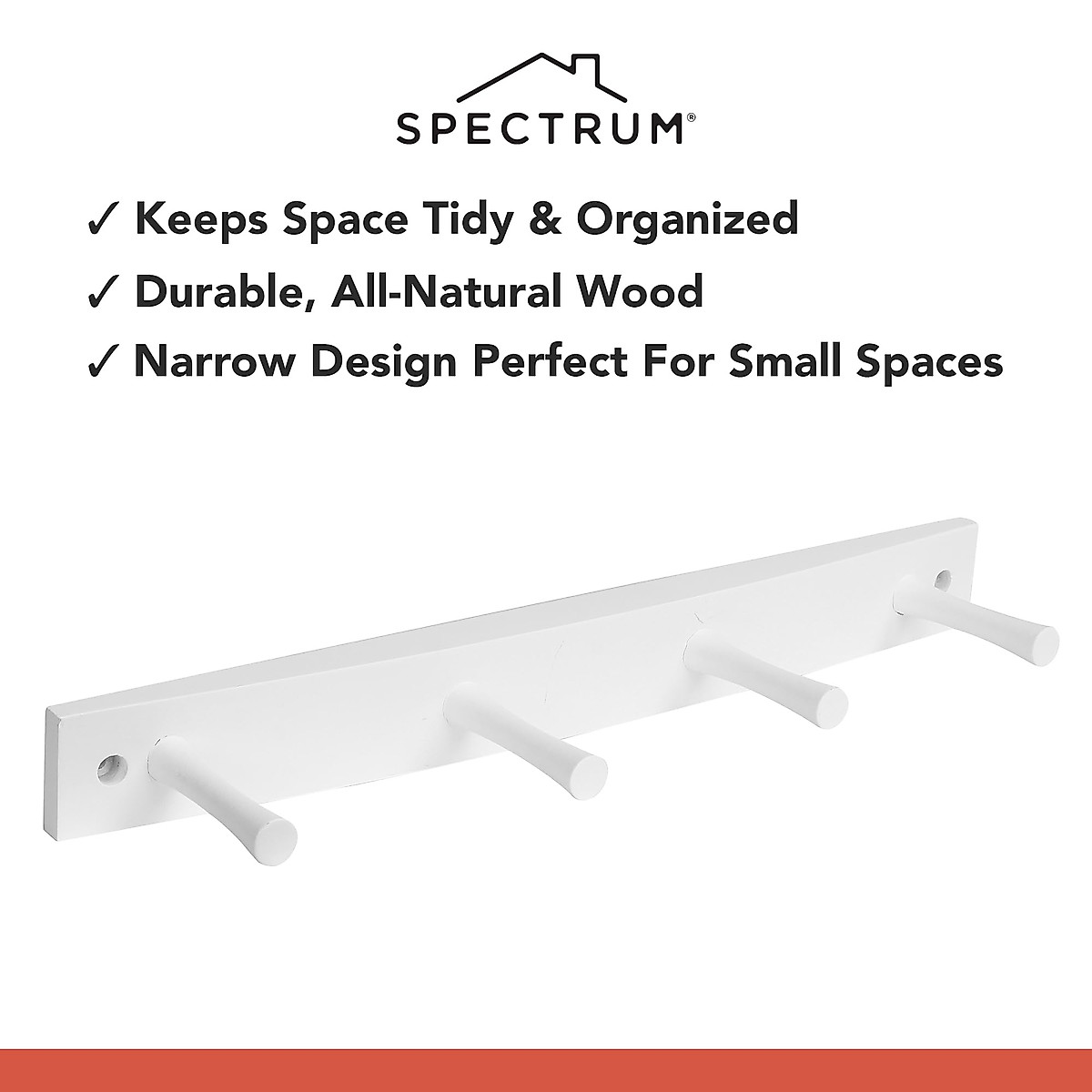 Spectrum Diversified Wall-Mounted 4 Peg Wood Hook, Hat Organizer & Coat Entryway or Closet Bathroom Storage Racks for Towels & Bath Robes, White