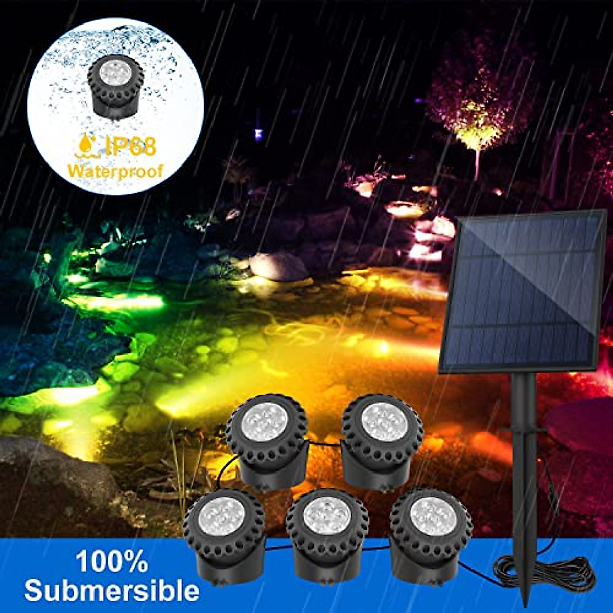 T-SUN Solar Pond Light, Super Bright LED Underwater Color Changing Solar Lights RGB Submersible Fountain Lights IP68 Waterproof Fish Tank Light for Aquarium Garden Pool Fountain Pond 5 in 1