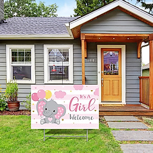Baby Shower Yard Sign with Stake Gender Reveal Yard Sign Blue Pink Elephant Lawn Sign Baby Bear Lawn Sign Welcome Baby Announcement Sign for Boy Girl Outdoor Baby Shower Party Decorations(It's Girl)