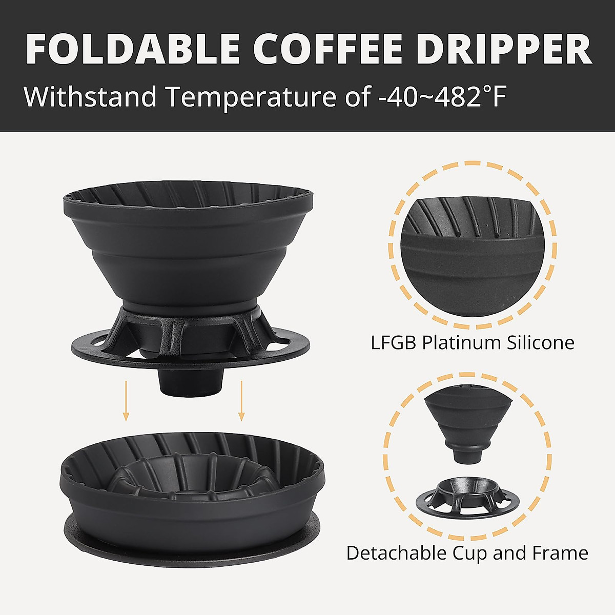 Vandroop Portable Pour Over Coffee Maker Set, Collapsible Silicone Coffee Dripper Set, Perfect for Travel, Camping, Home (BLACK CUP 2CUP)