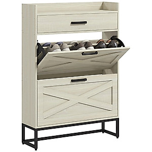HOMCOM Narrow Shoe Cabinet, Industrial Shoe Storage Cabinet with 2 Flip Drawers, Adjustable Shelves, and Top Drawer, Entryway Hidden Shoe Storage for 12 Pairs of Shoes, Distressed White