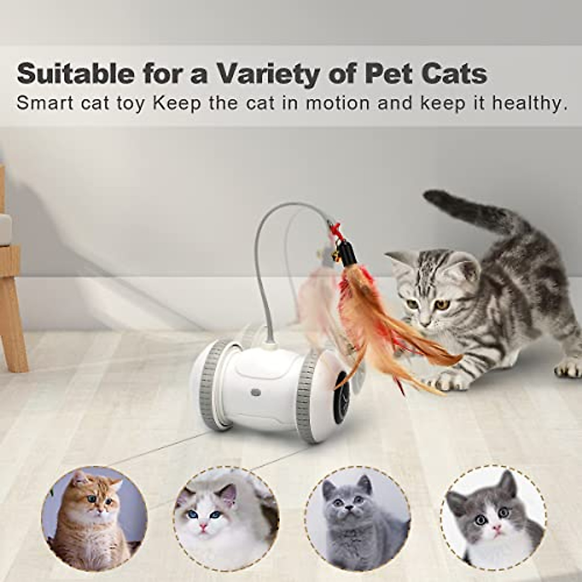 Nueplay Interactive Cat Toys for Indoor Cats, Automatic Cat Toys with LED Light,Smart Electric Cat Toys with 2 Feathers, Pet Exercise Toys, Robotic Cat Toys with 2 Modes USB Charging, Moving Cat Toys