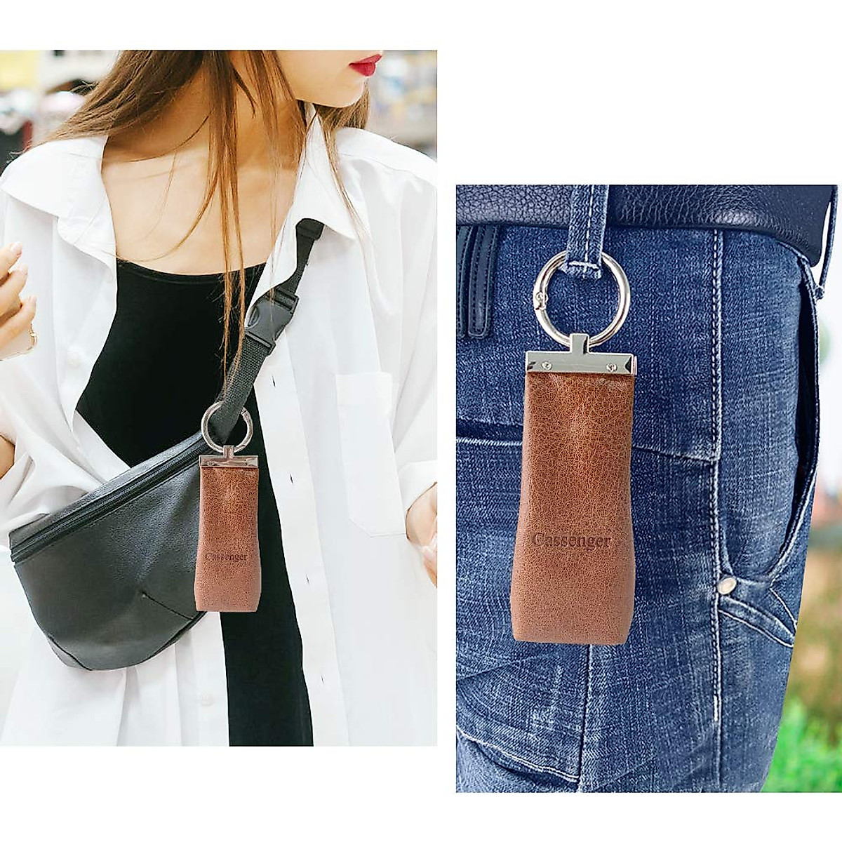 Cassenger Car Key Case, Genuine Leather Car Smart Key Chain Keychain Key Holder and Keyring Zipper Bag - Brown