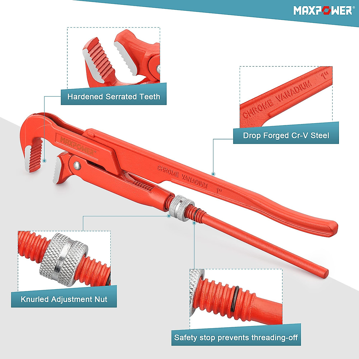 MAXPOWER Swedish Pipe Wrench 12 inch x 90 Degree Angled Jaw