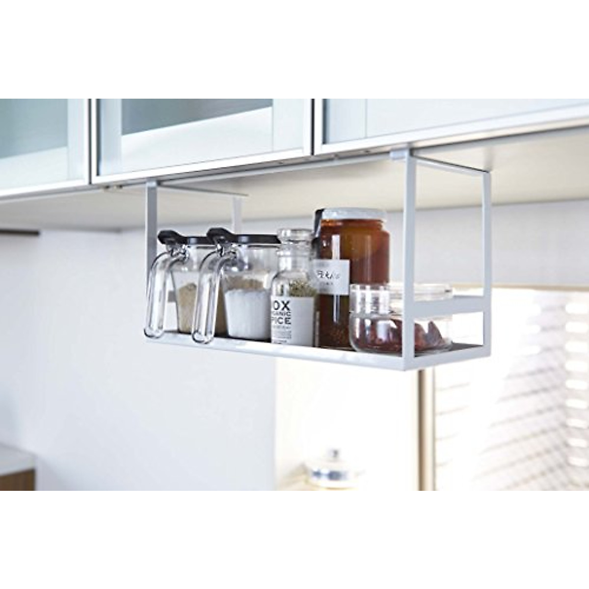YAMAZAKI Home Under Shelf Spice Rack and Organizer for Kitchen Cabinets | Steel | Undershelf Solution, One Size, White