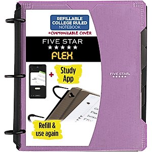 Five Star Flex Refillable Notebook + Study App, 1 Inch Binder with Customizable Cover, College Ruled Notebook and 3 Ring Binder, Hybrid NoteBinder, 200 Sheet Capacity,Purple (29326AB6)