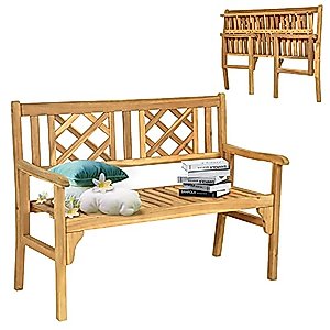 Tangkula Folding Wood Garden Bench, 2 Person Foldable Acacia Patio Bench with Heavy Duty Structure, Locks, Wide Curved Armrest and Backrest,for Yard, Deck, Balcony, Park (Teak)