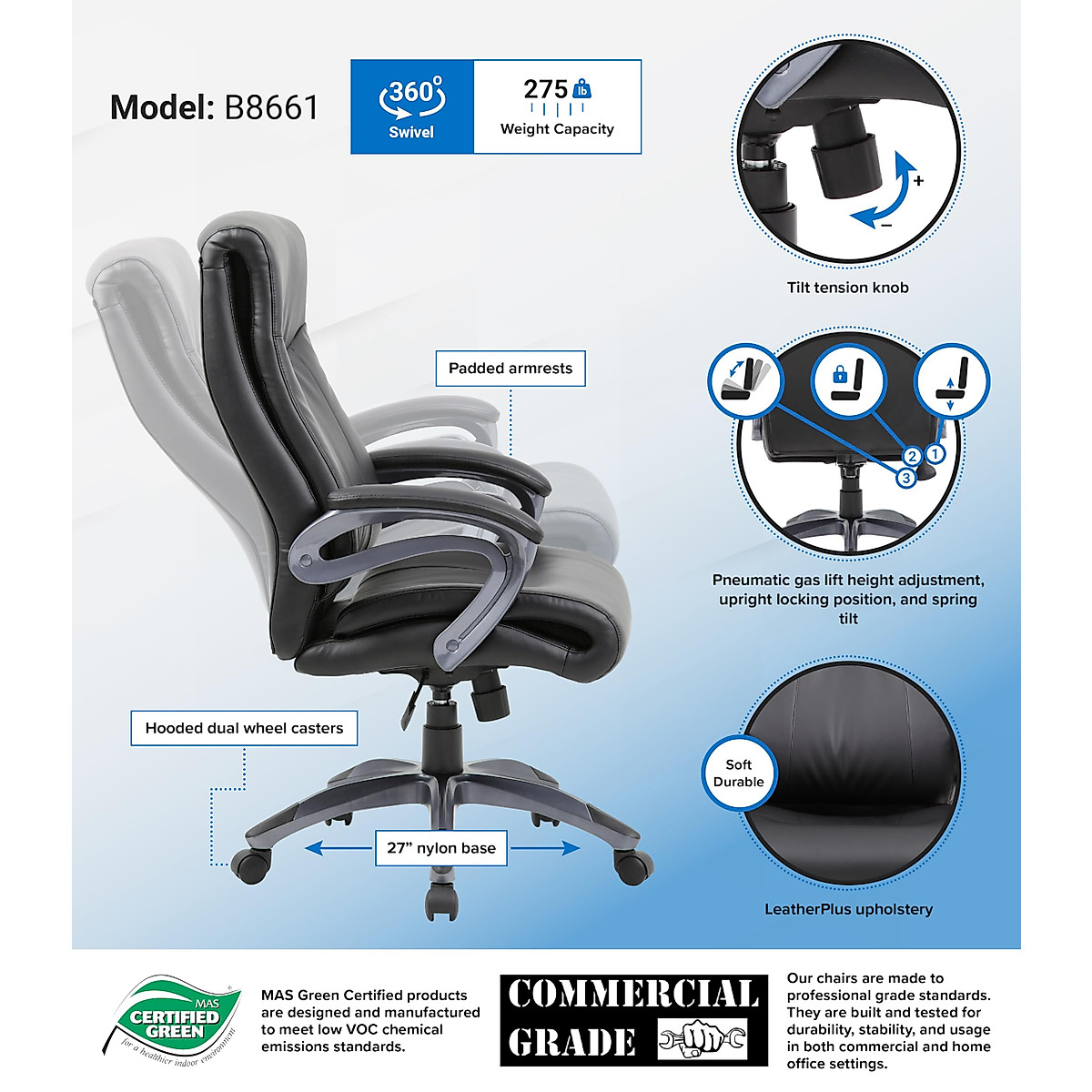 Boss Office Products Boss Double Layer Executive Chair, Black (B8661)