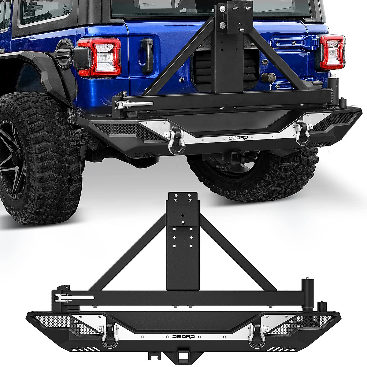 OEDRO Rear Bumper w/Tire Carrier Compatible for 2018-2025 Jeep Wrangler JL & Unlimited JLU (2/4 Doors), Full Width Back Bumper w/Hitch Receiver & D-Rings & Reflective Armor