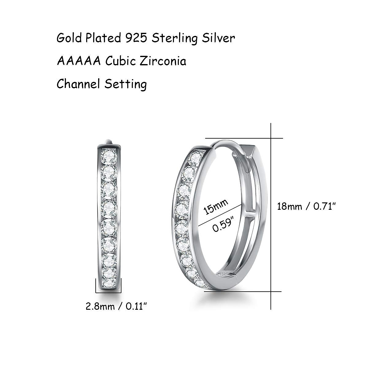 Carleen Created Diamond Hoop Earrings 925 Sterling Silver Channel Setting Round White Cubic Zirconia Huggie Birthday Gifts for Women Diameter 18mm / 0.71"