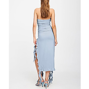 Women Sexy Ruffle Hem Strapless Long Dress Irregular Floral Tassel Split Ruched Bodycon Evening Party Tube Dress(01-Tube Light Blue,M)