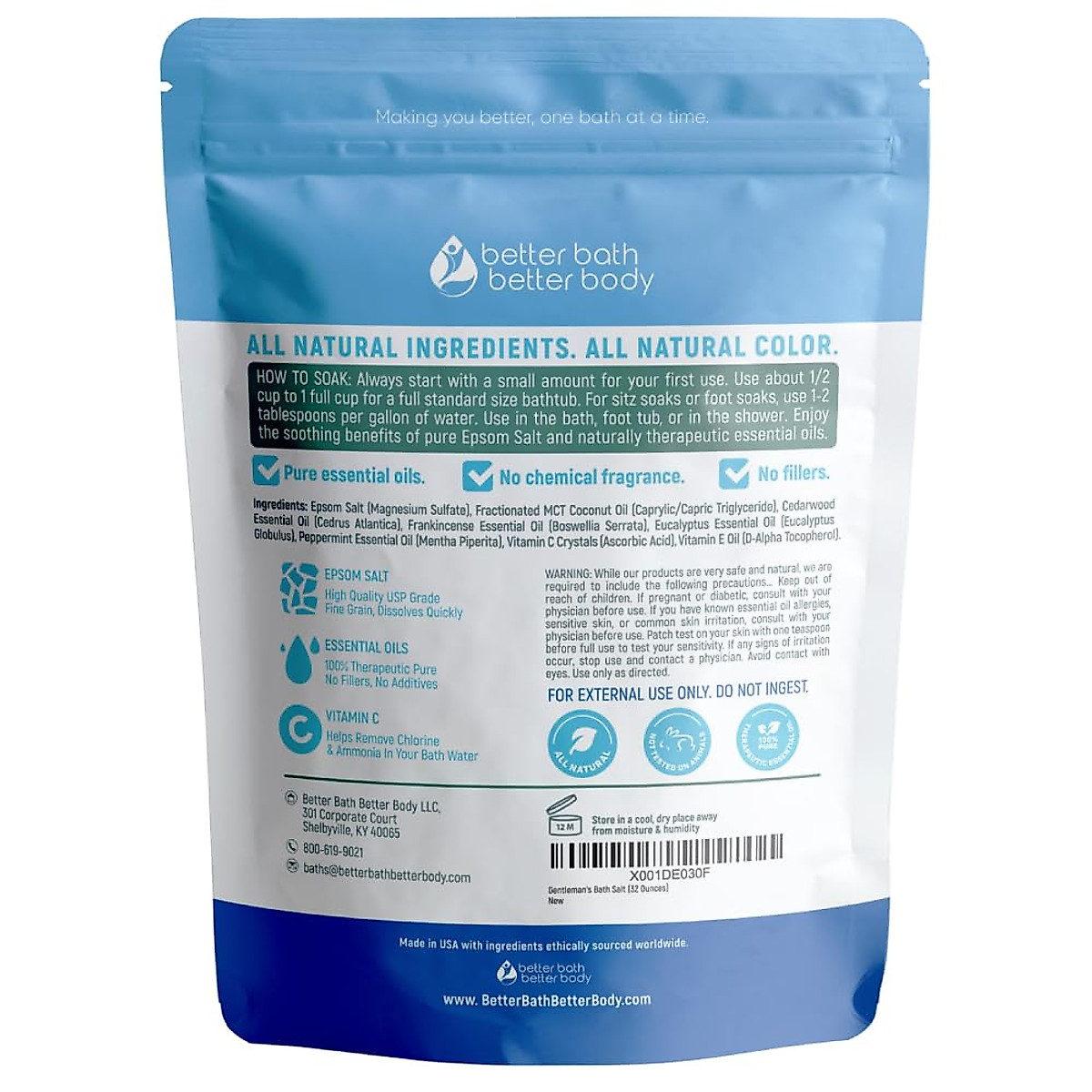 Gentleman's Bath Salt 32 Ounces Epsom Salt with Natural Cedarwood, Frankincense, Eucalyptus and Peppermint Essential Oils Plus Vitamin C in BPA Free Pouch with Easy Press-Lock Seal