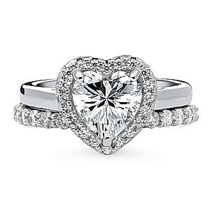 BERRICLE Sterling Silver Halo Wedding Engagement Rings Cubic Zirconia CZ Heart Ring Set for Women, Rhodium Plated Size 7