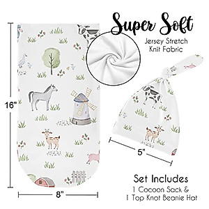 Sweet Jojo Designs Farm Animals Boy Girl Cocoon and Beanie Hat Set Jersey Stretch Knit Sleeping Bag for Infant Newborn Nursery Sleep Wrap Sack - Watercolor Farmhouse Horse Cow Sheep Pig Gender Neutral