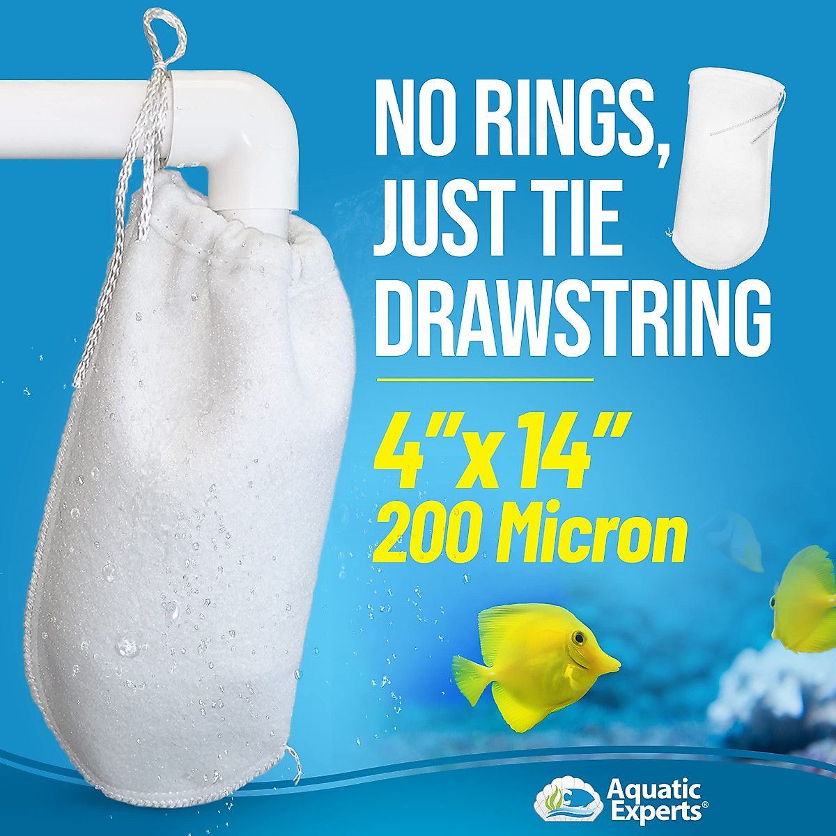 Aquatic Experts 200 Micron Drawstring Filter Sock - Filter Socks for Saltwater Aquarium, Sump Filter Sock, Freshwater Aquarium Filter Sock - Custom Made in The USA (4 inch by 14 inch, 4 Pack)