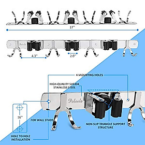 Poboola Mop Broom Holder, Stainless Steel Wall Mounted Garage Storage Organizer, Heavy Duty Tools Hanger with 3 Racks 8 Hooks for Home Kitchen Bathroom Closet Office Garden, 2 Pack (Silver)