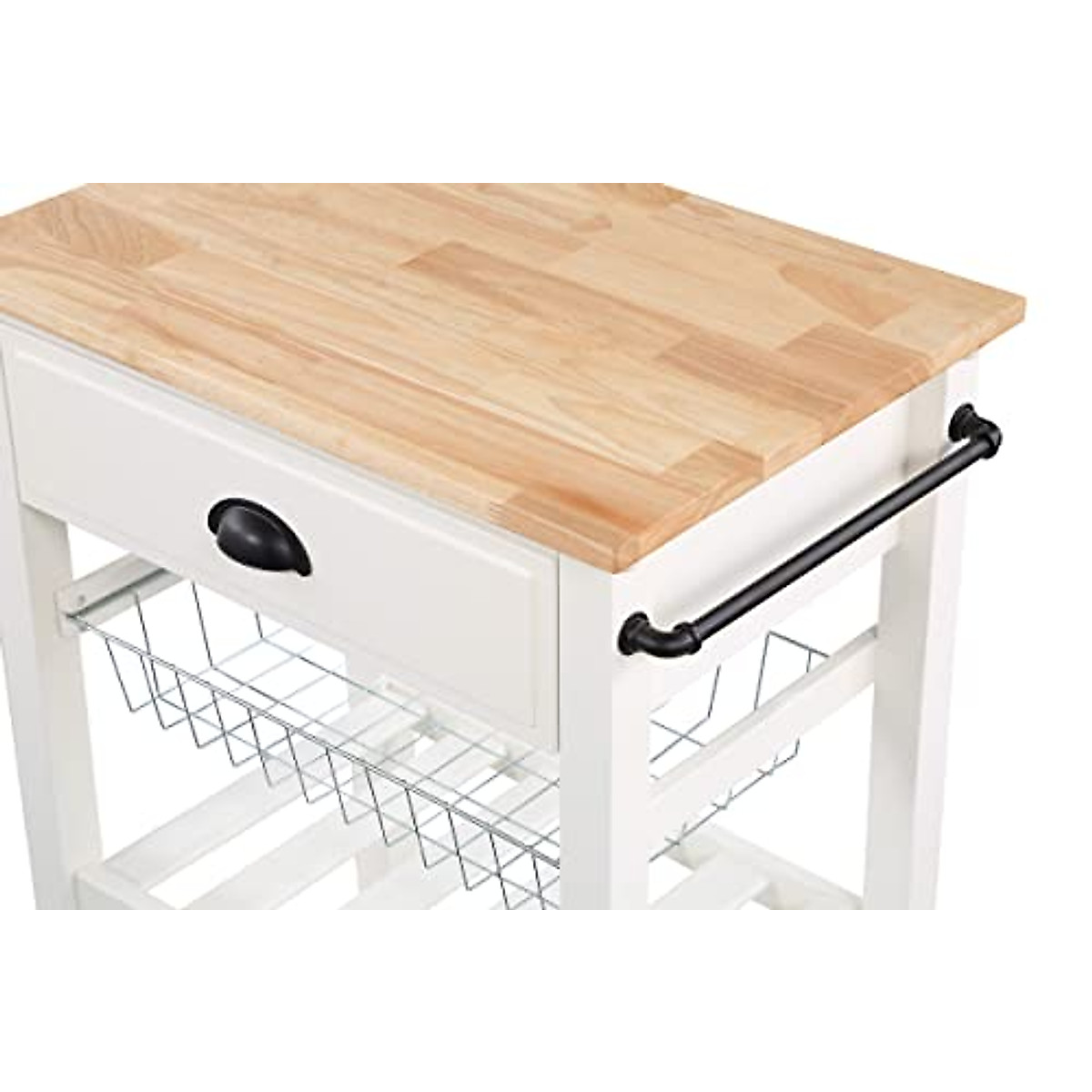 OS Home and Office Furniture Model HMPNW-11 Hampton Kitchen Cart in White with Solid Rubberwood Top