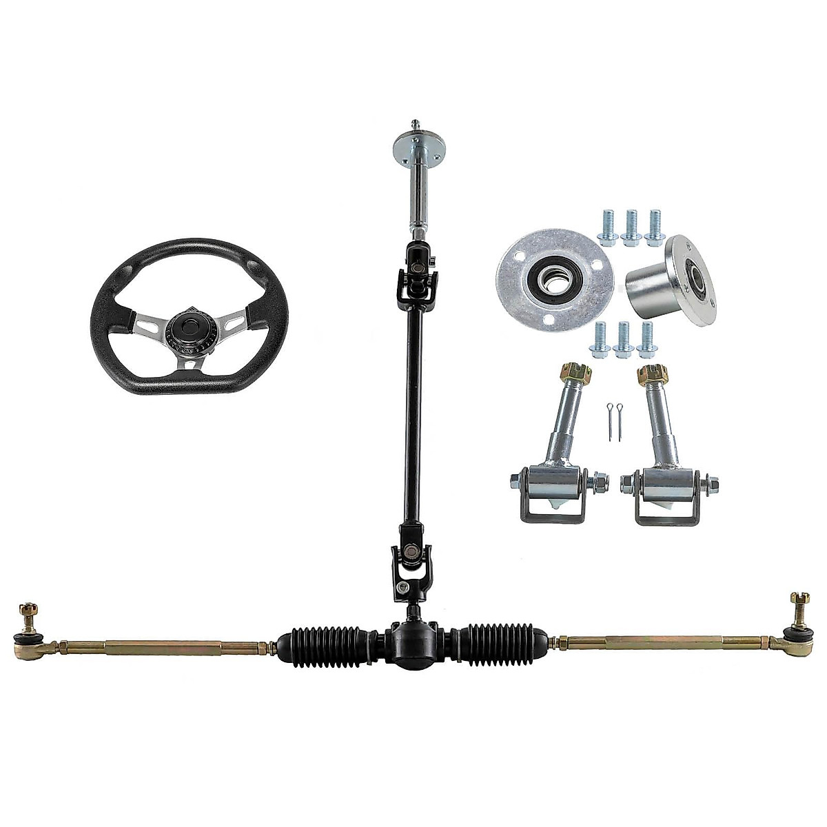 YC Yier Front Steering Wheel Tie Rod Kit Gear Rack Pinion Shaft & 3 Stud 5" Wheel Hub Steering Spindle Knuckle DIY Parts for Go Kart Go Cart Golf Cart ATV UTV Buggy Drift Trike 4 Wheeler Dolly Cart