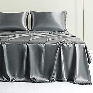 RUDONG M 3 Piece Dark Grey Satin Sheets Twin Size Satin Bed Sheets Set Silky Satin Sheet with 1 Deep Pocket Fitted Sheet+1 Flat Sheet+1 Pillowcase